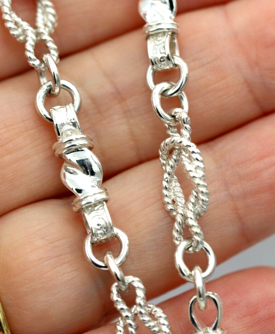 Heavy Genuine Sterling Silver Antique Oval Fancy Links FOB Chain Neckl ...